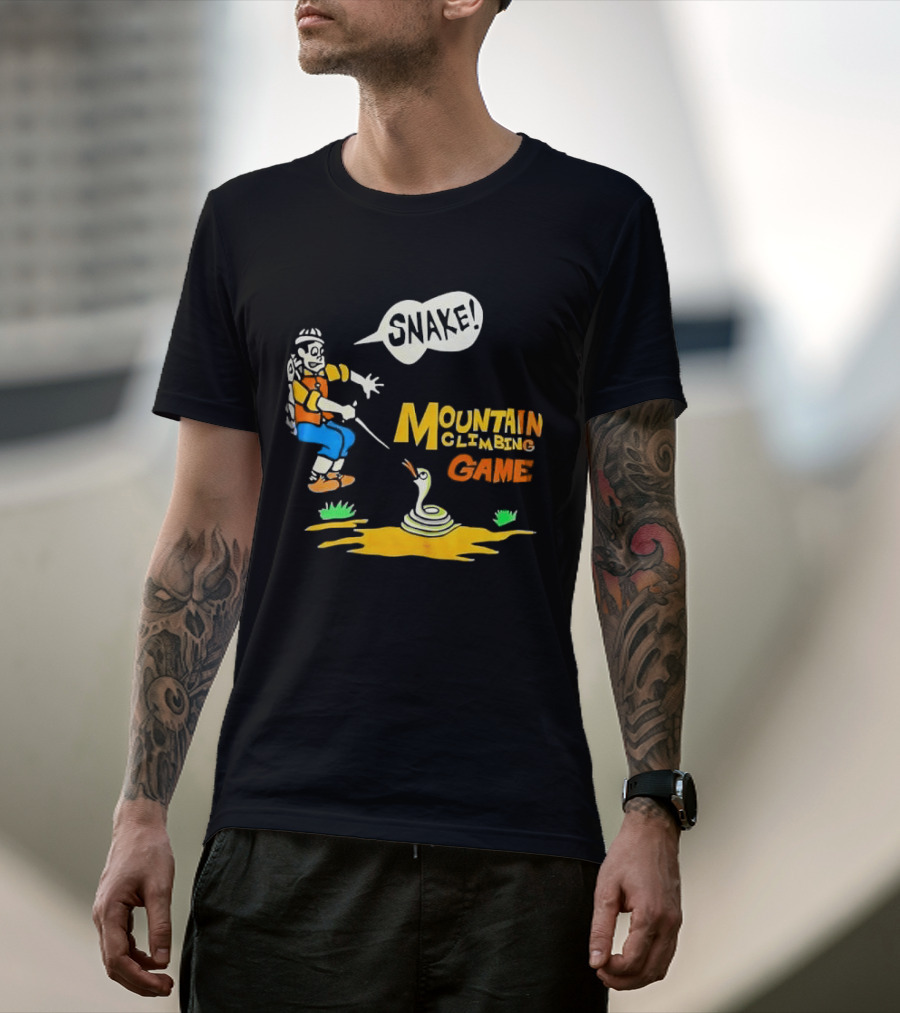 Snake Mountain Climbing Game Startled Climber Coiled Serpent Cartoon T-Shirt