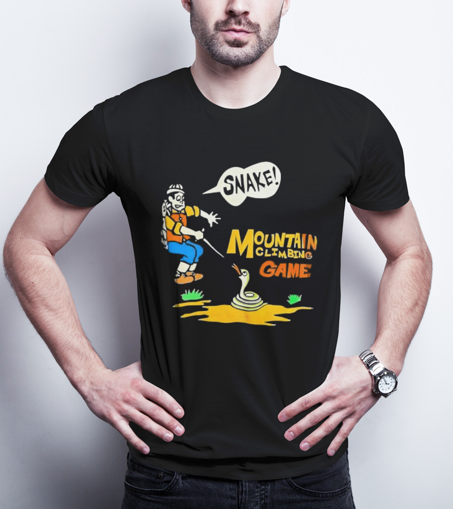 Snake Mountain Climbing Game Startled Climber Coiled Serpent Cartoon T-Shirt