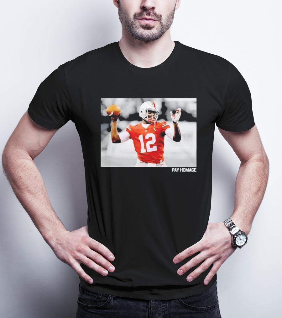 Ohio State Buckeyes Quarterback Number 12 Throwing Football Selective Color Pay Homage T-Shirt