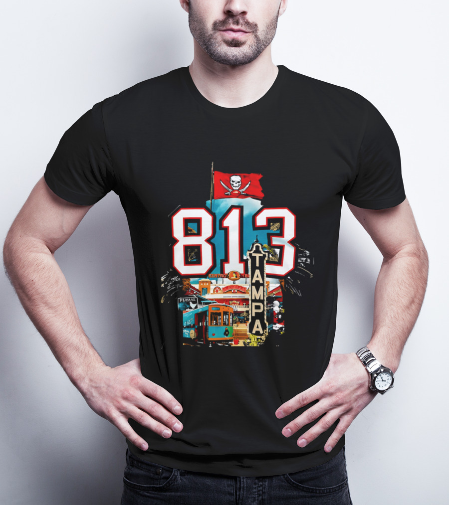 Tampa Bay Buccaneers 813 Day Celebration With Pirate Flag And Tampa Landmarks T-Shirt