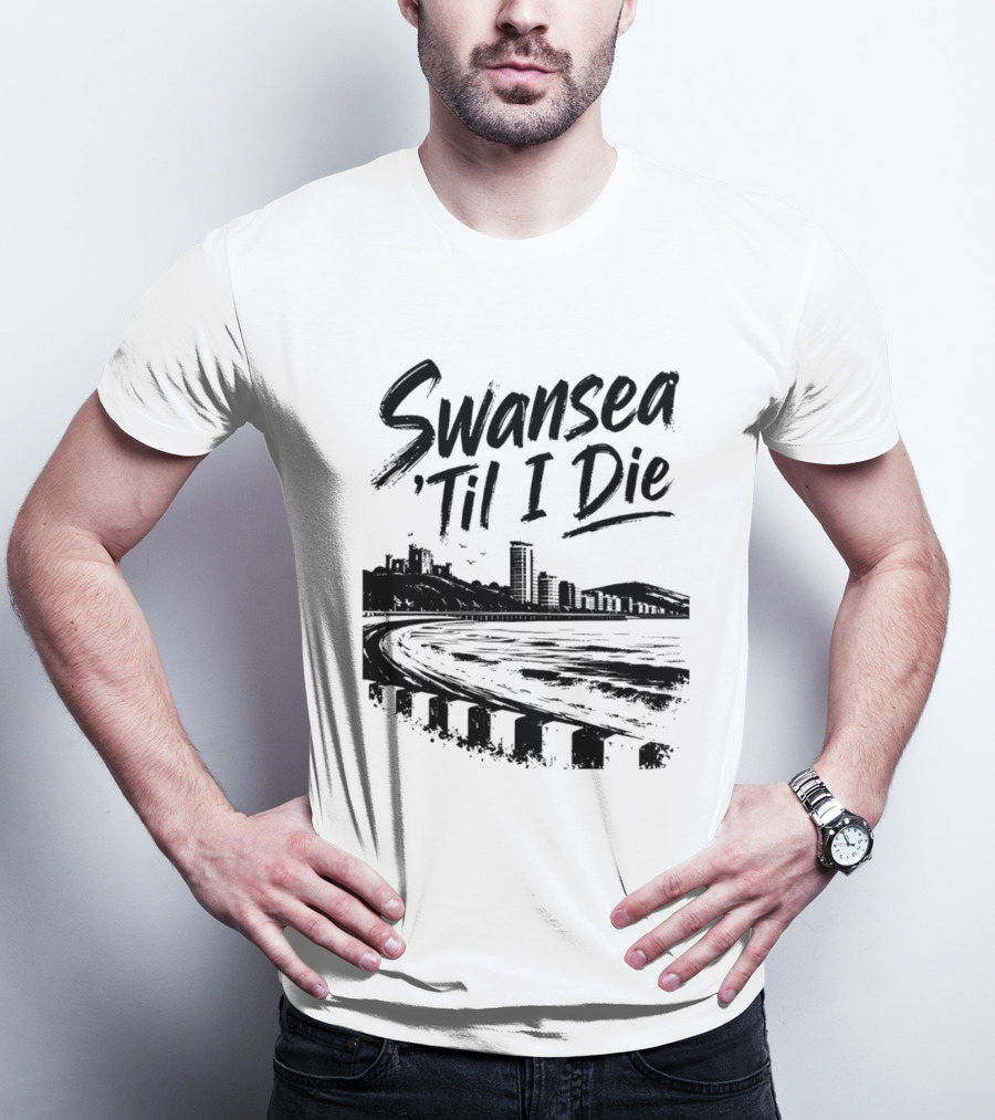 Swansea 'Til I Die Swansea Cityscape Coastal Skyline T-Shirt