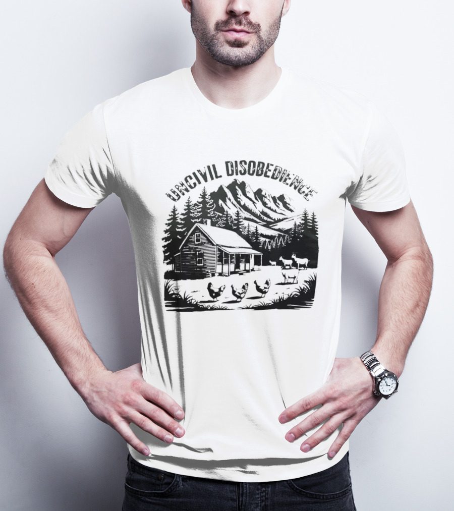 Uncivil Disobedience Distressed Mountain Cabin Homestead With Chickens And Goats T-Shirt