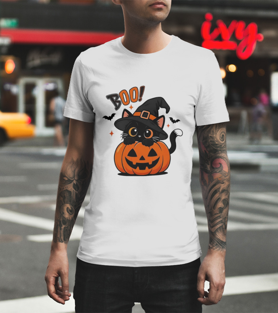 Boo Halloween Black Cat Witch Hat Jack O Lantern Pumpkin T-Shirt