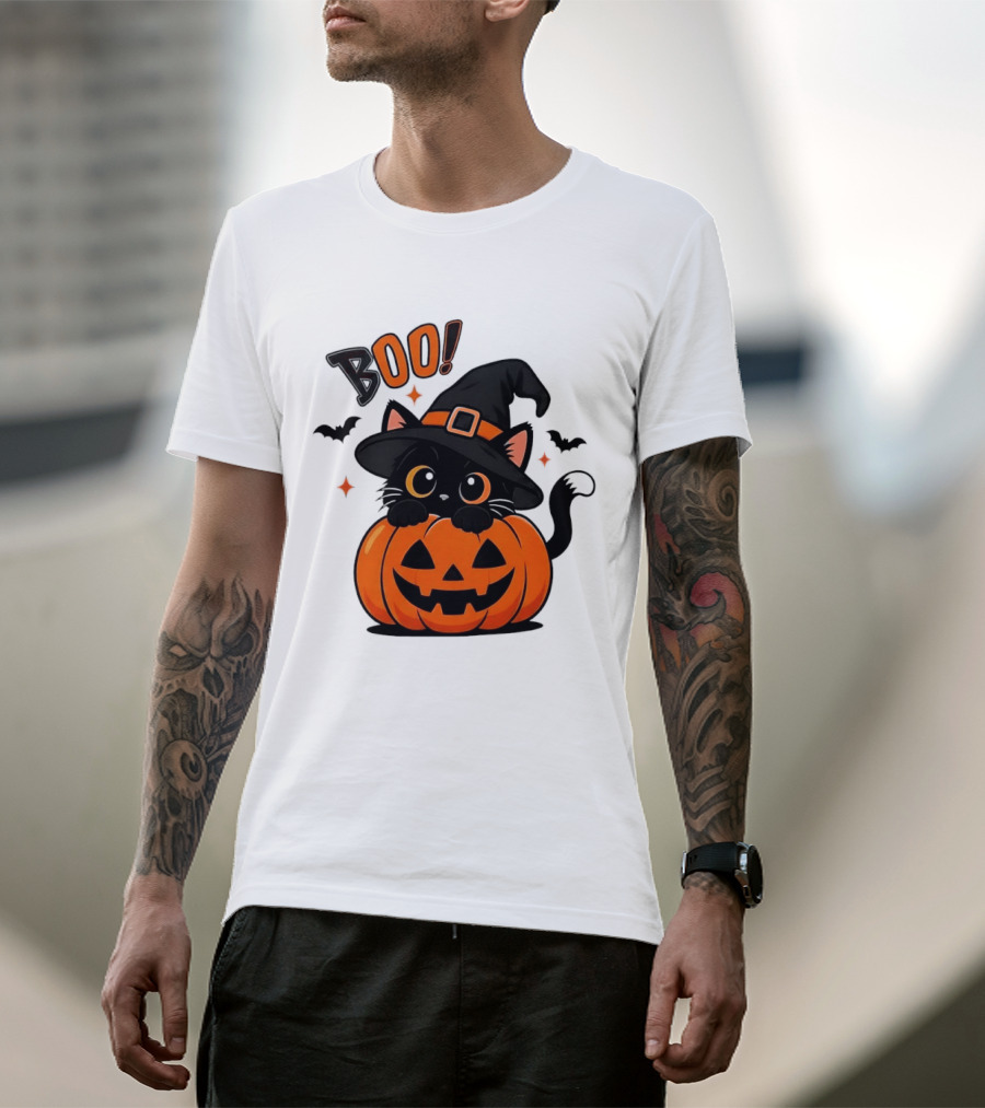 Boo Halloween Black Cat Witch Hat Jack O Lantern Pumpkin T-Shirt