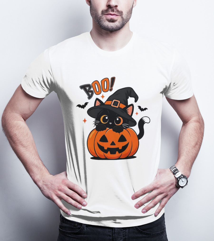 Boo Halloween Black Cat Witch Hat Jack O Lantern Pumpkin T-Shirt