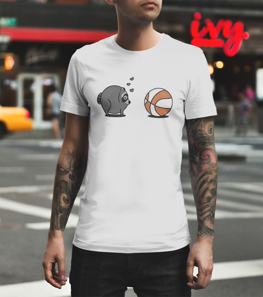 Chubby Cartoon Raccoon Admiring Basketball With Pink Hearts T-Shirt