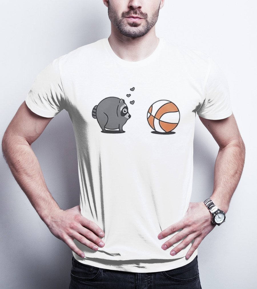 Chubby Cartoon Raccoon Admiring Basketball With Pink Hearts T-Shirt
