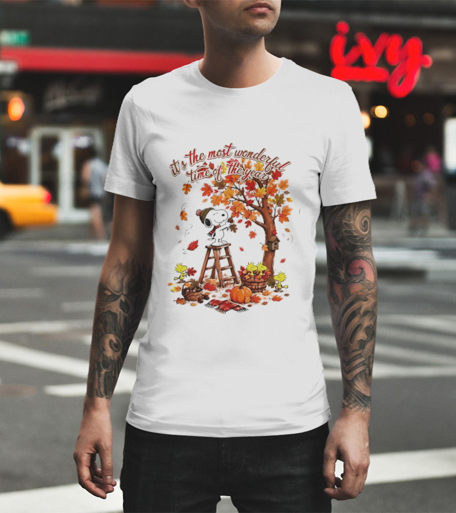 Snoopy It's The Most Wonderful Time Of The Year Autumn Tree Pumpkin Woodstock T-Shirt