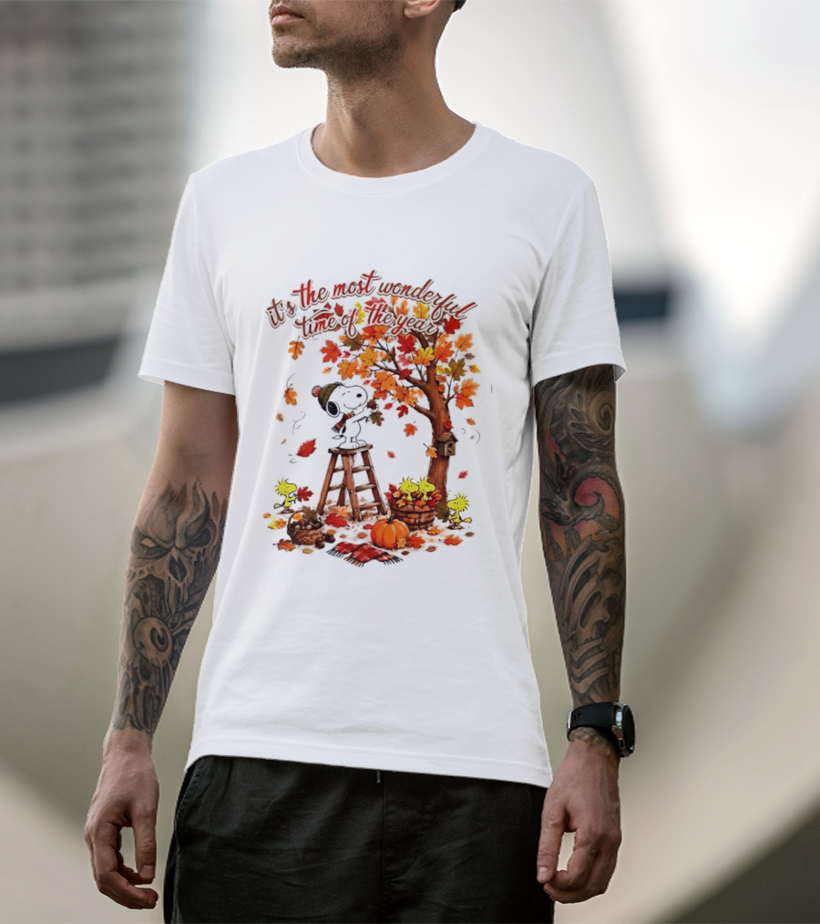 Snoopy It's The Most Wonderful Time Of The Year Autumn Tree Pumpkin Woodstock T-Shirt