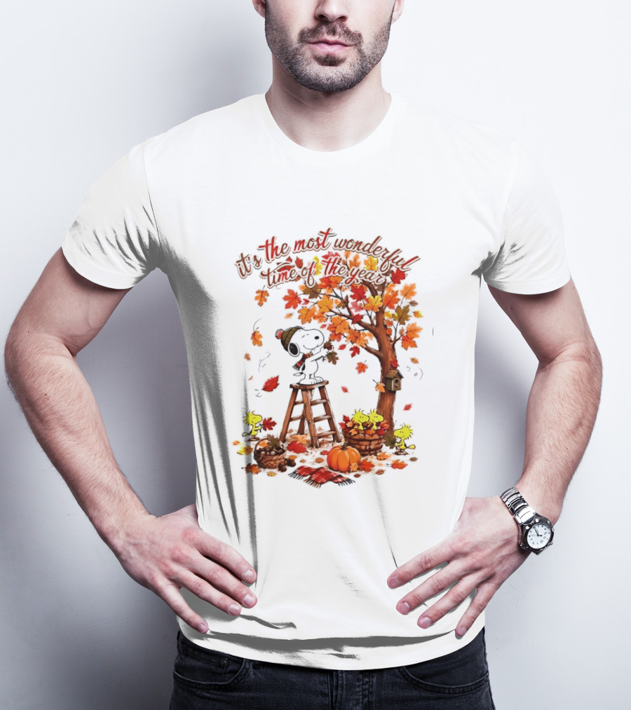 Snoopy It's The Most Wonderful Time Of The Year Autumn Tree Pumpkin Woodstock T-Shirt