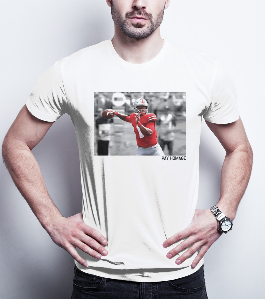 Ohio State Buckeyes NCAA Pay Homage Quarterback Throwing Football Selective Color Photo T-Shirt
