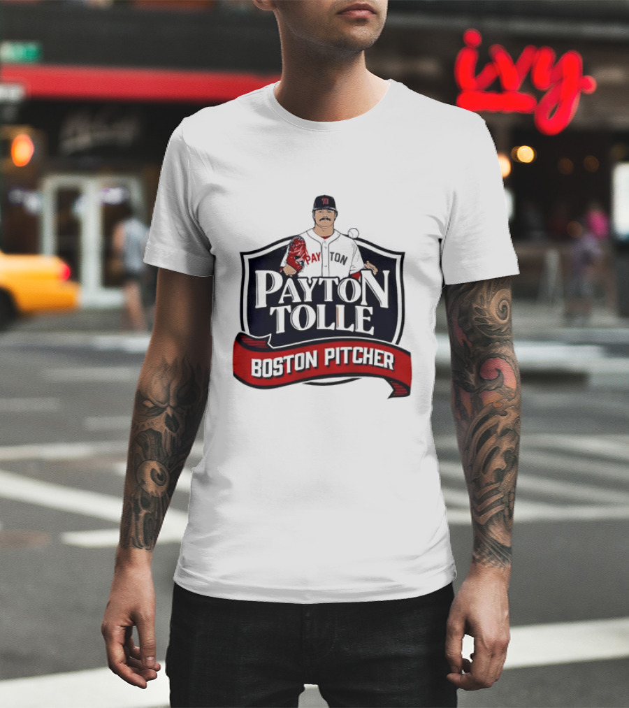Payton Tolle Boston Pitcher Cartoon Player Shield Ribbon T-Shirt