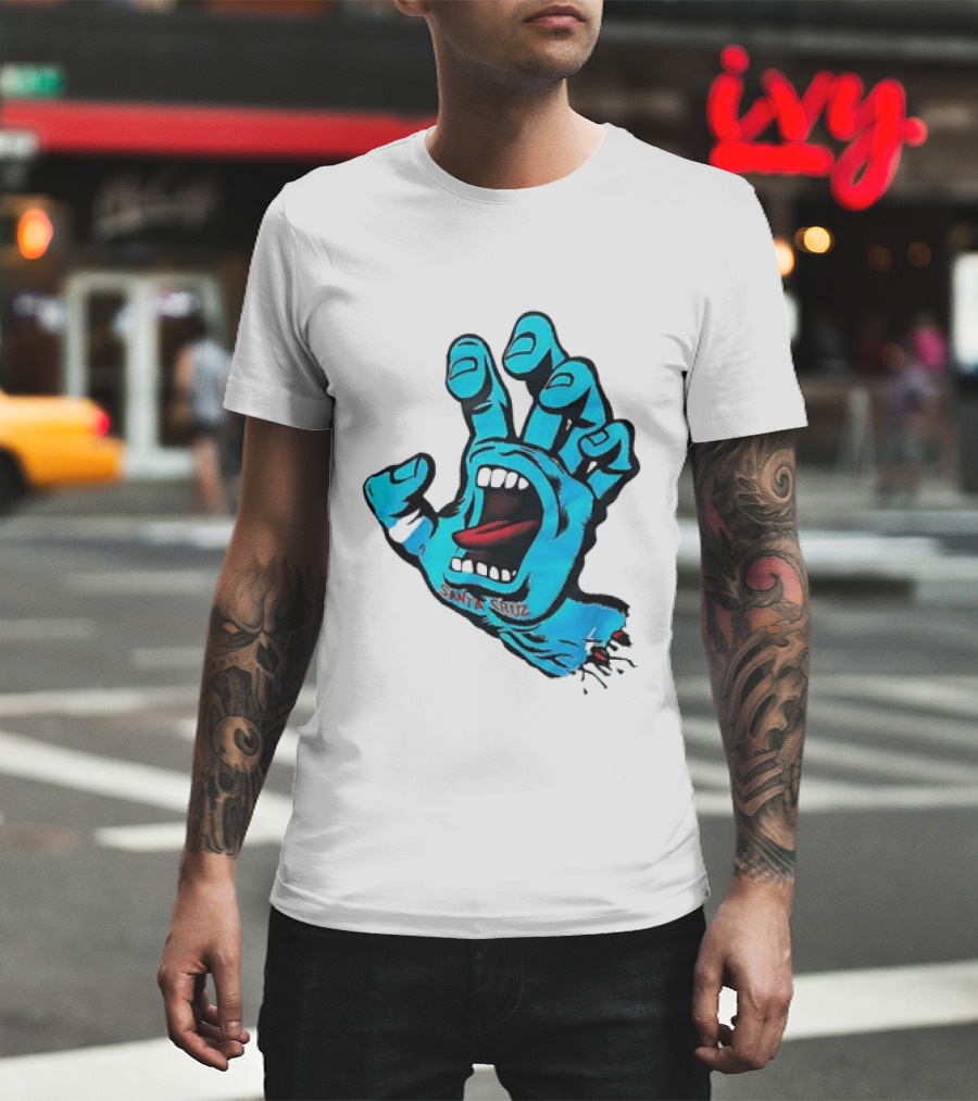 Santa Cruz Blue Screaming Hand Open Mouth Tongue Cartoon T-Shirt