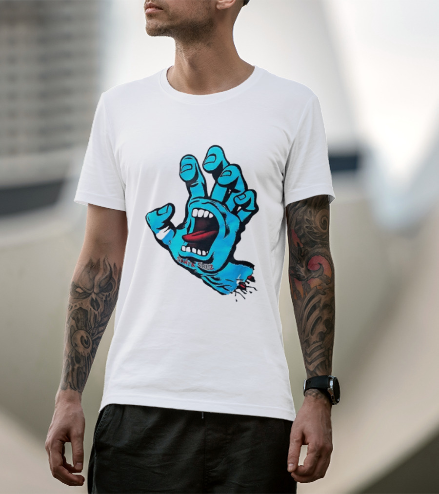Santa Cruz Blue Screaming Hand Open Mouth Tongue Cartoon T-Shirt