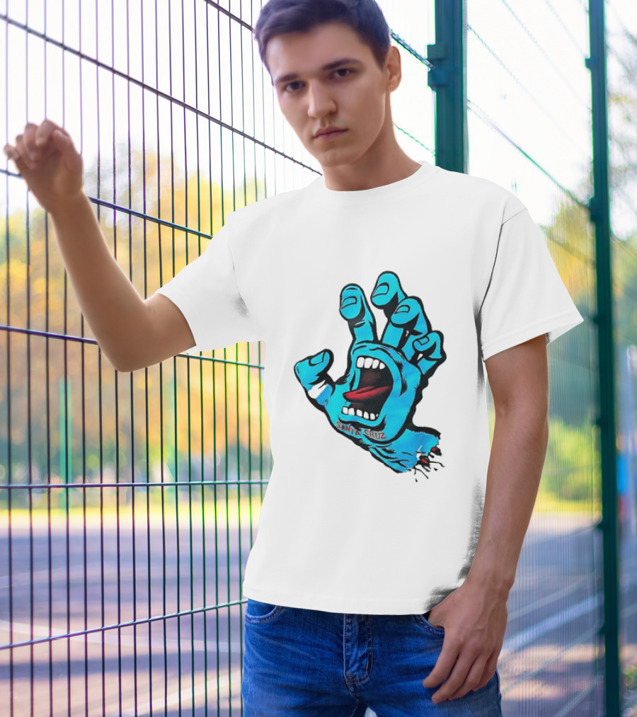 Santa Cruz Blue Screaming Hand Open Mouth Tongue Cartoon T-Shirt