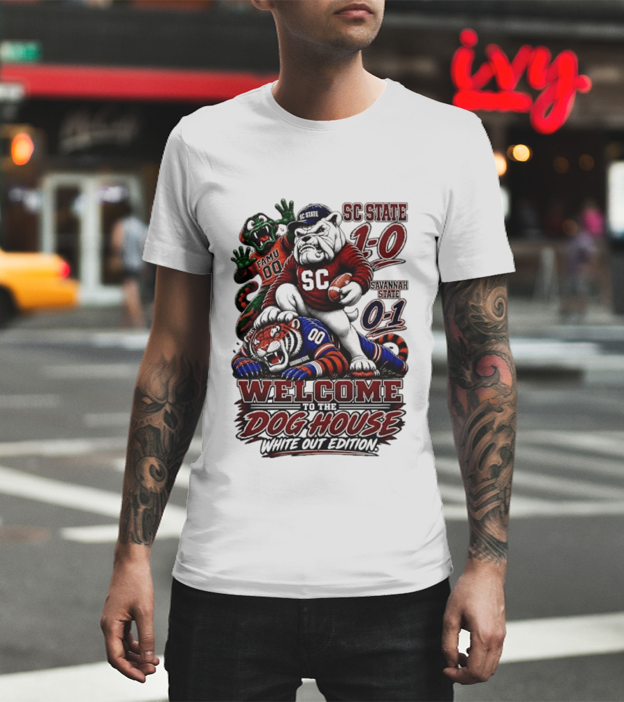 South Carolina State Bulldogs 1 0 Welcome To The Dog House White Out Edition Cartoon Tackling Tiger Savannah State 0 1 FAMU 00 T-Shirt