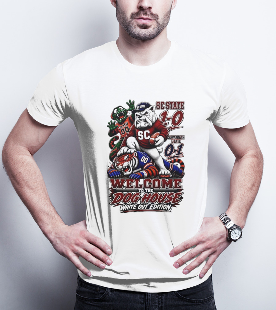 South Carolina State Bulldogs 1 0 Welcome To The Dog House White Out Edition Cartoon Tackling Tiger Savannah State 0 1 FAMU 00 T-Shirt