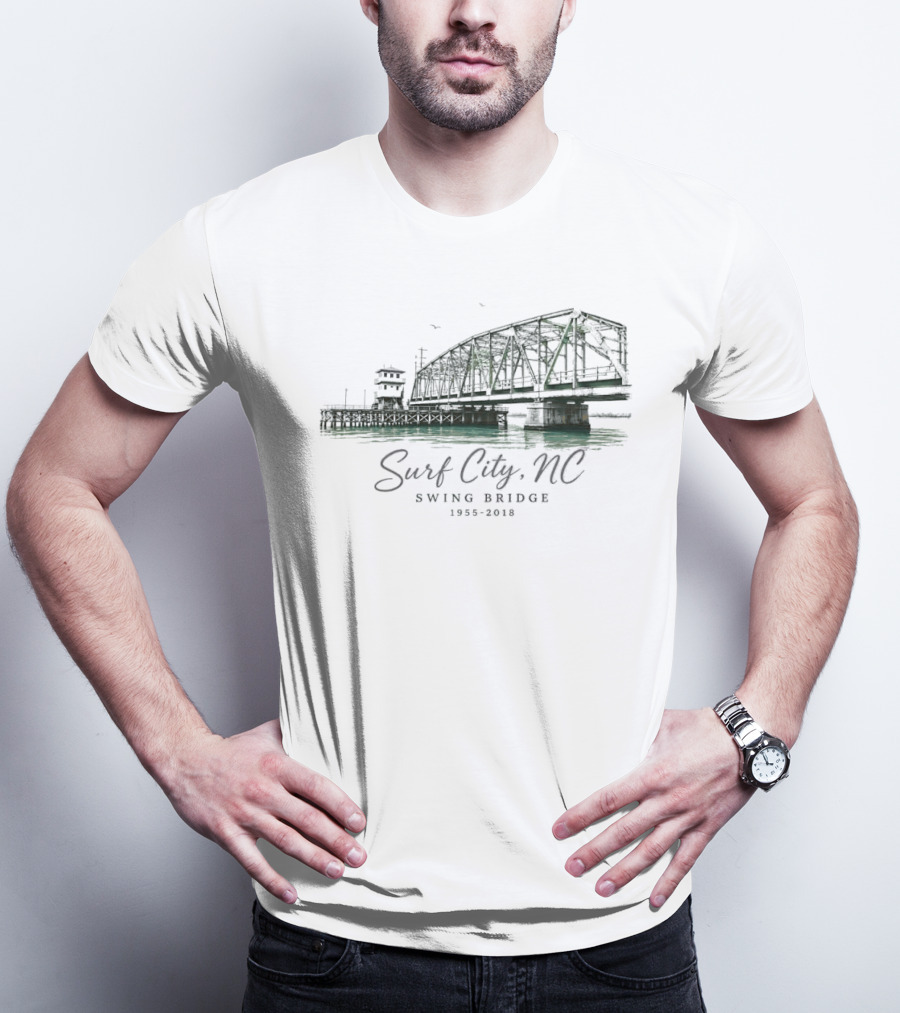 Surf City NC Swing Bridge 1955 2018 Water Birds Coastal Pier Green Watercolor T-Shirt