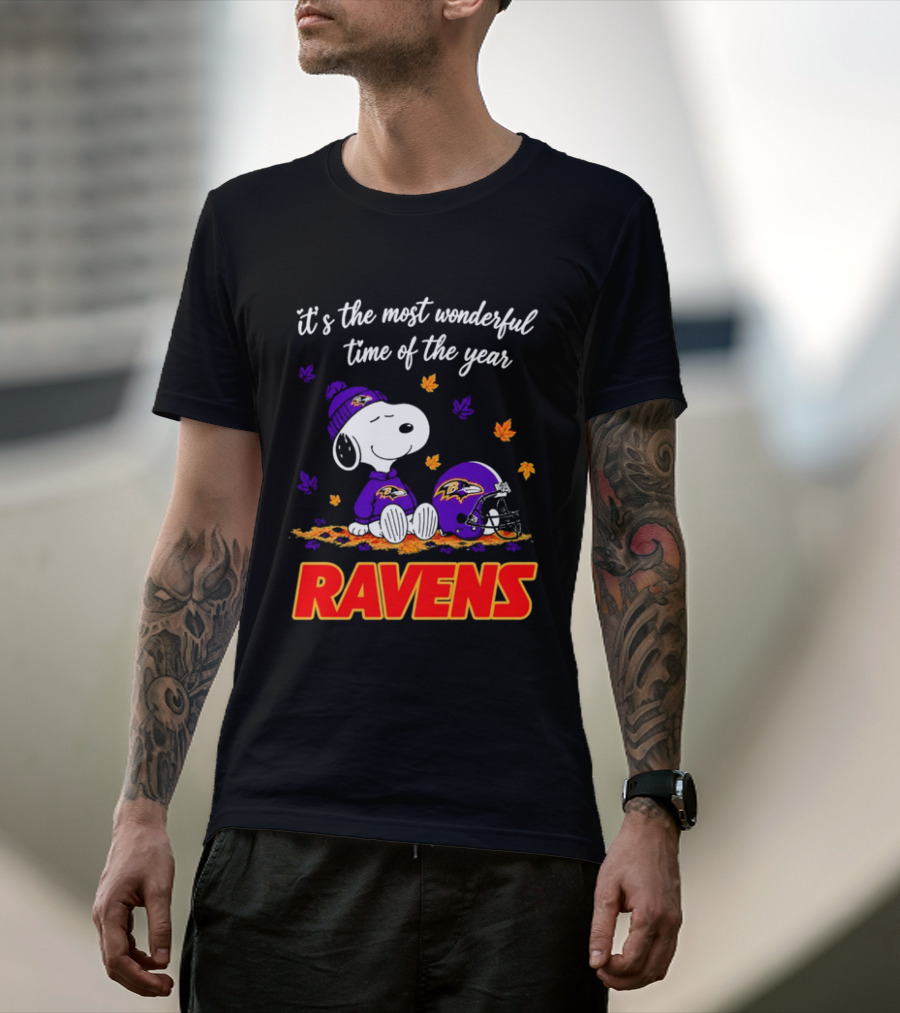 Baltimore Ravens It's The Most Wonderful Time Of Year Snoopy Sitting Leaves Football Helmet T-Shirt