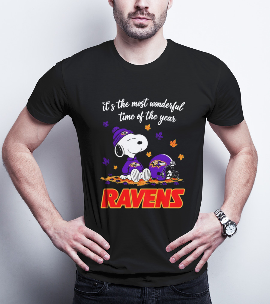 Baltimore Ravens It's The Most Wonderful Time Of Year Snoopy Sitting Leaves Football Helmet T-Shirt