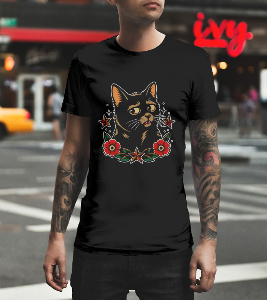 Black Cat Surrounded By Stars And Red Flowers T-Shirt