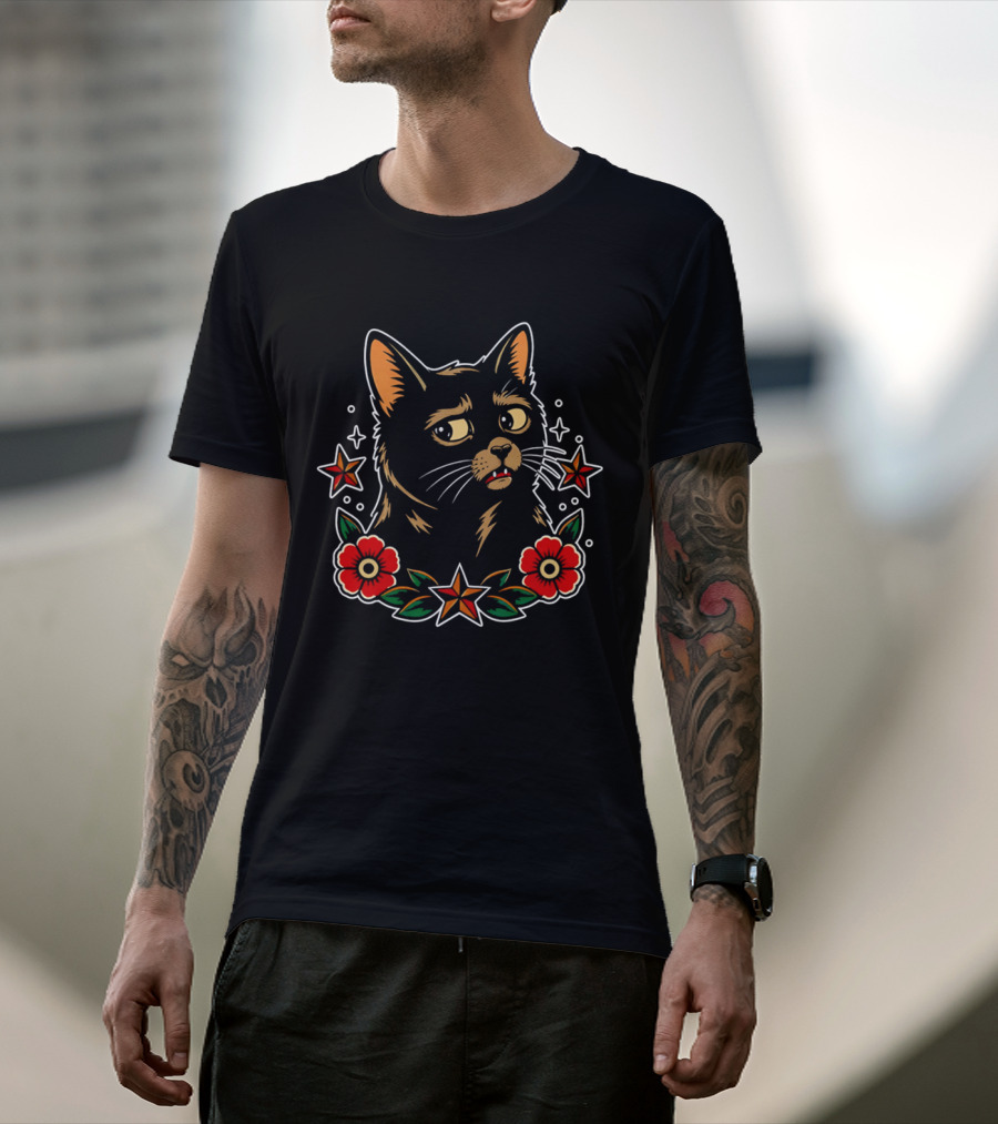 Black Cat Surrounded By Stars And Red Flowers T-Shirt