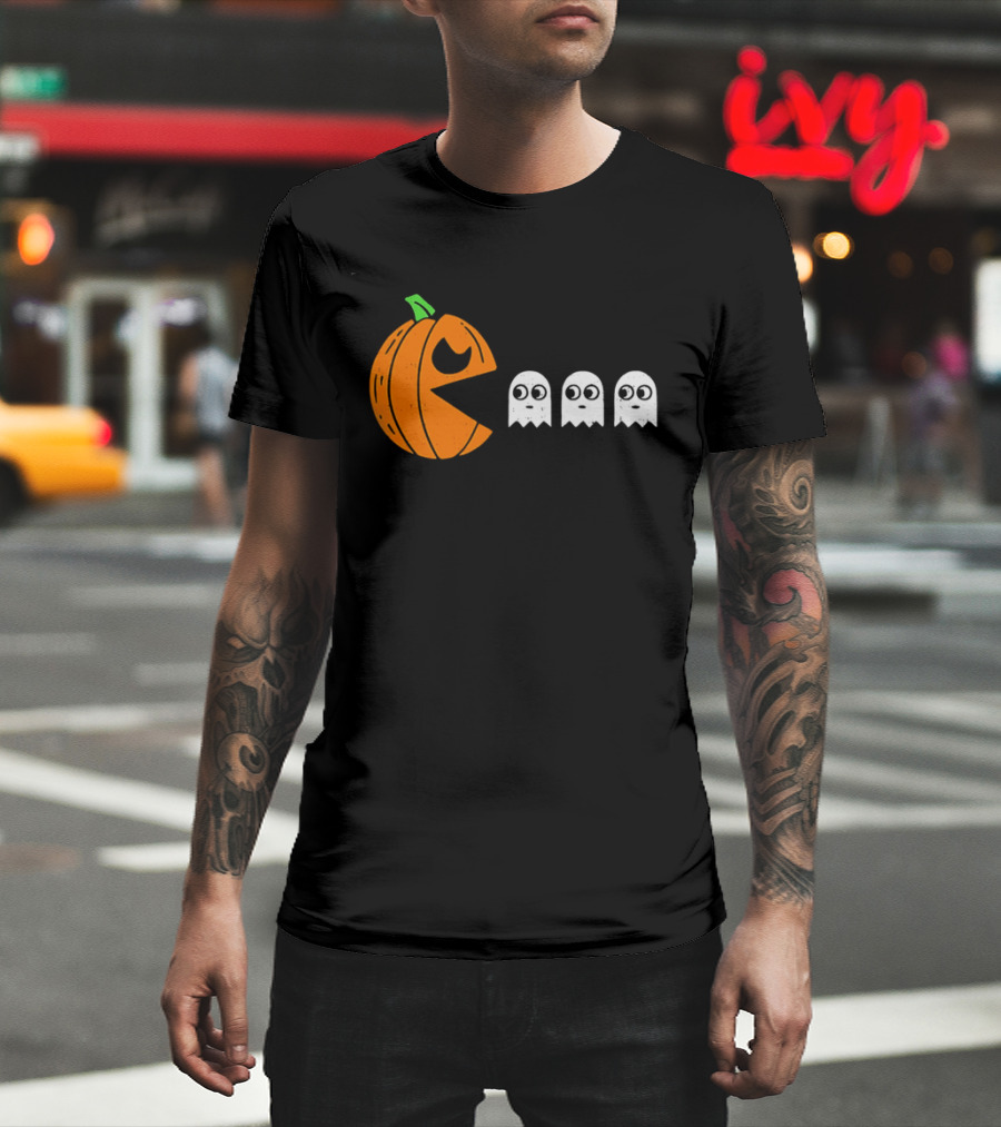Halloween Pumpkin Pac Man Chasing White Ghosts Distressed Cartoon T-Shirt