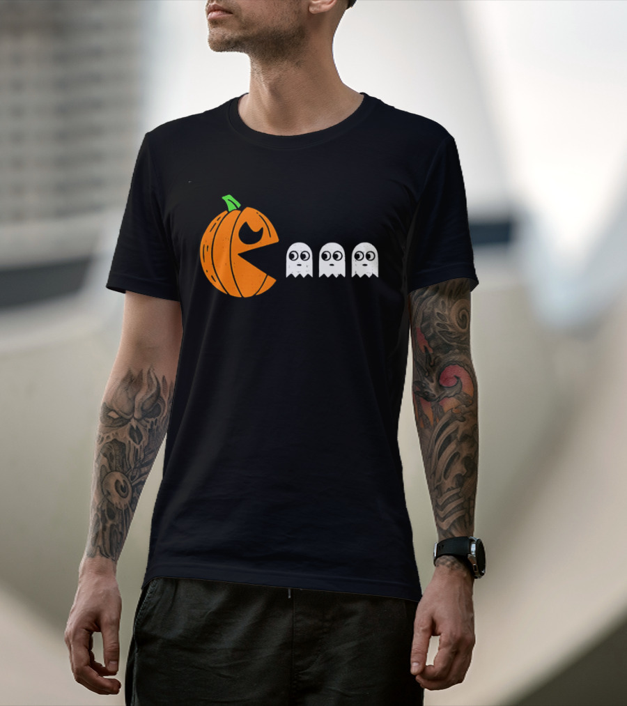 Halloween Pumpkin Pac Man Chasing White Ghosts Distressed Cartoon T-Shirt