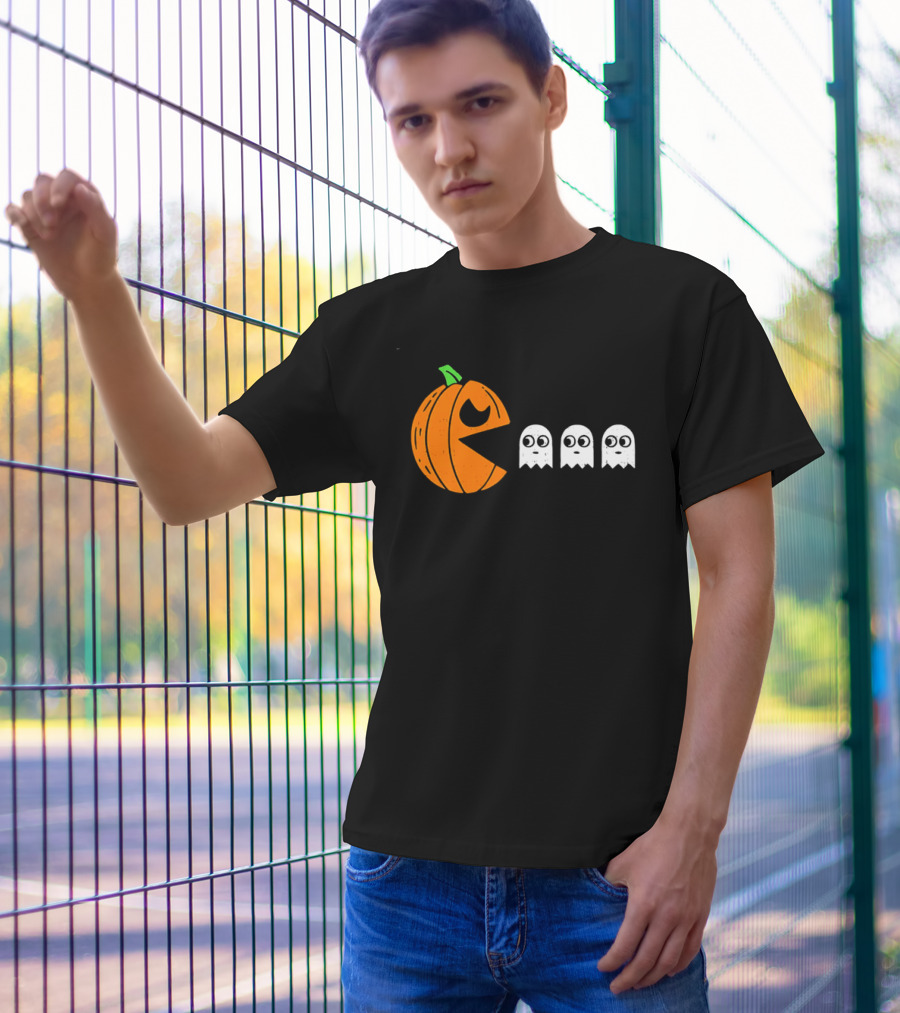 Halloween Pumpkin Pac Man Chasing White Ghosts Distressed Cartoon T-Shirt