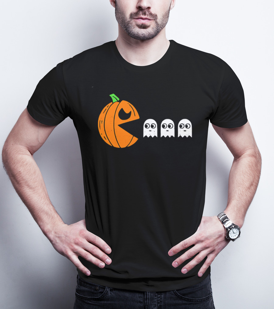 Halloween Pumpkin Pac Man Chasing White Ghosts Distressed Cartoon T-Shirt