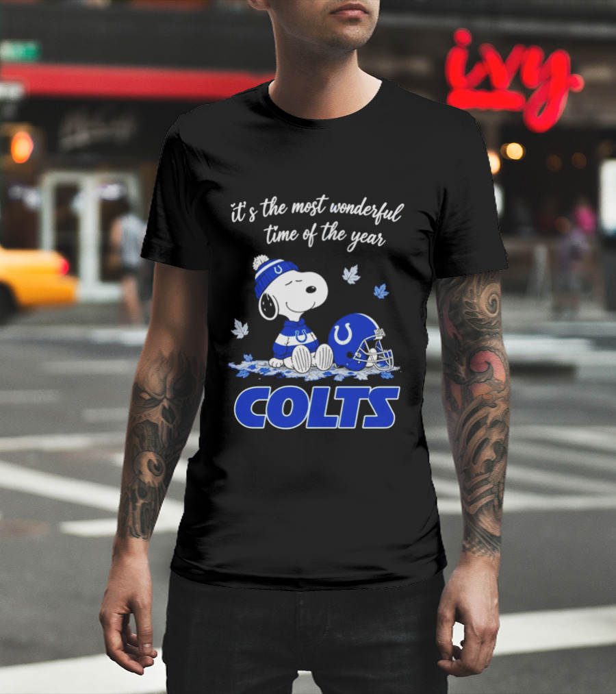 Indianapolis Colts Snoopy Beanie Helmet Leaves It's The Most Wonderful Time Of The Year T-Shirt
