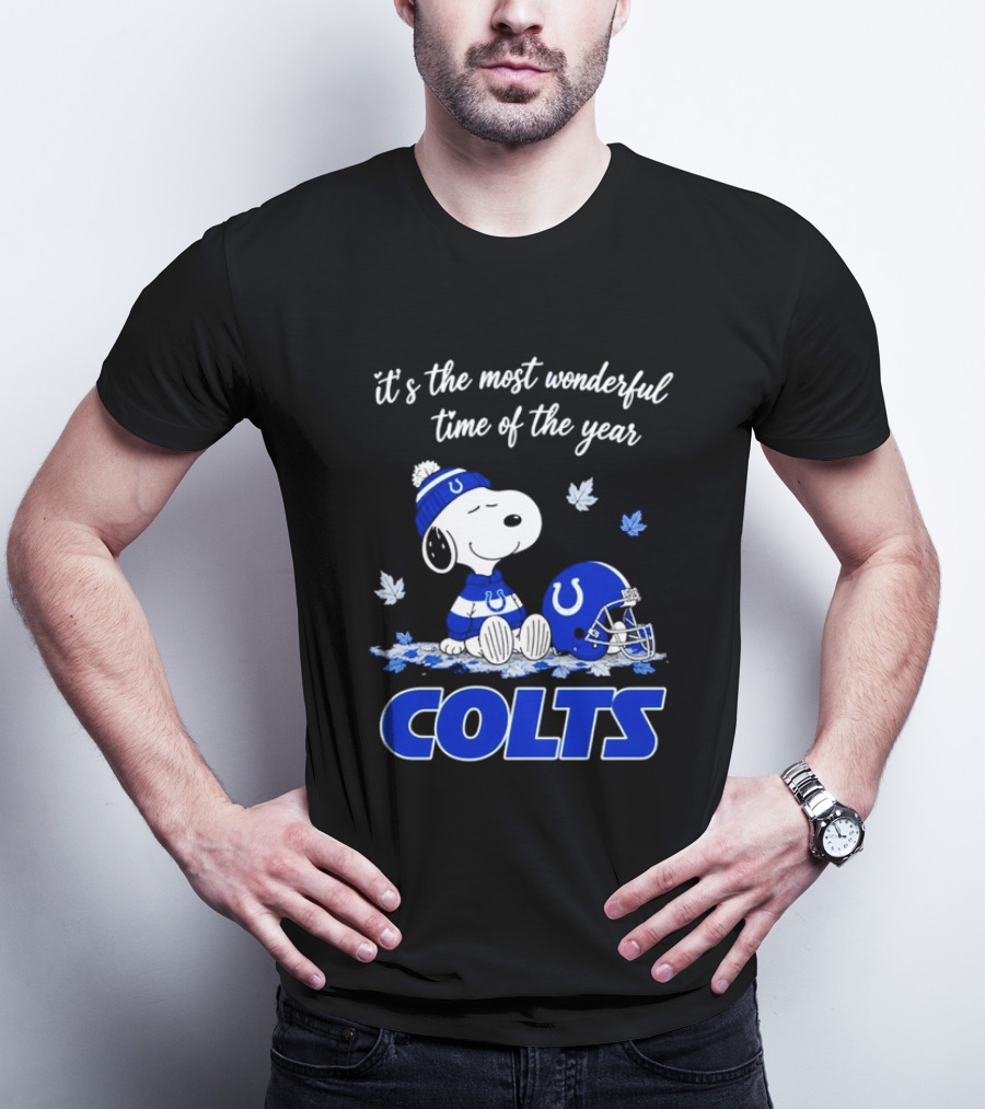 Indianapolis Colts Snoopy Beanie Helmet Leaves It's The Most Wonderful Time Of The Year T-Shirt