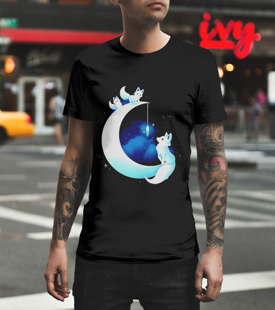 Glowing White Arctic Foxes Crescent Moon Crystal Night Sky T-Shirt