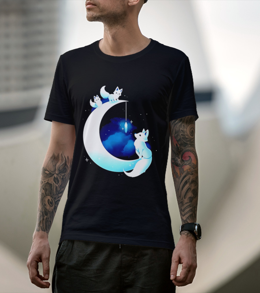 Glowing White Arctic Foxes Crescent Moon Crystal Night Sky T-Shirt