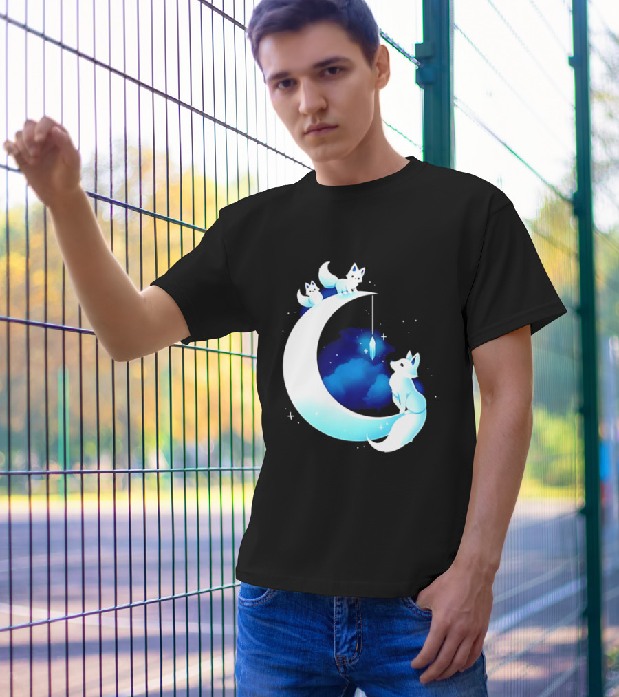 Glowing White Arctic Foxes Crescent Moon Crystal Night Sky T-Shirt