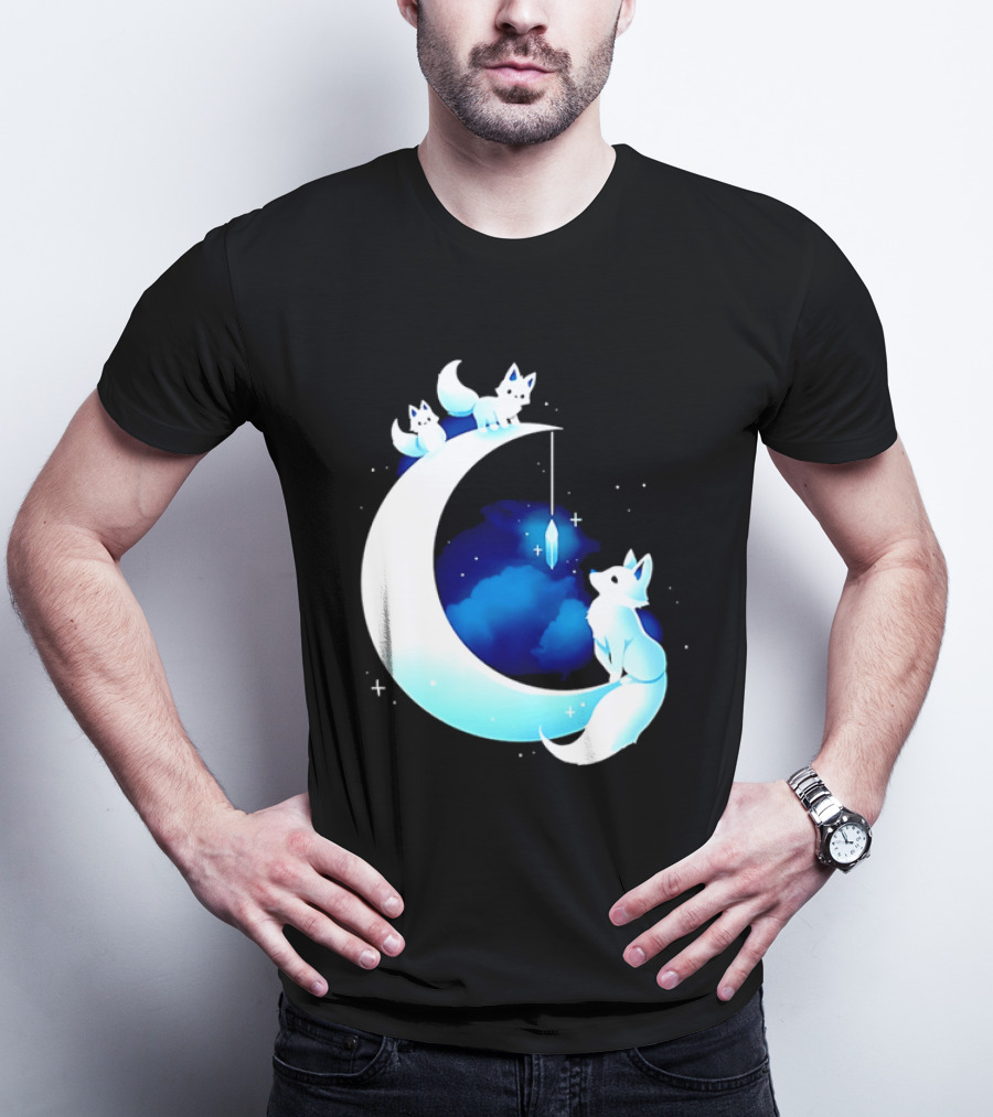 Glowing White Arctic Foxes Crescent Moon Crystal Night Sky T-Shirt