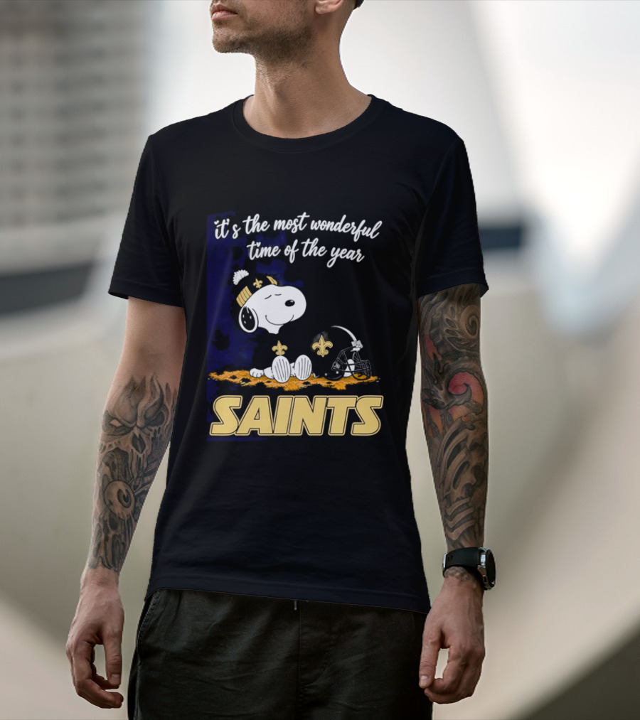 New Orleans Saints Snoopy Beanie Helmet Autumn Leaves Most Wonderful Time Of Year T-Shirt