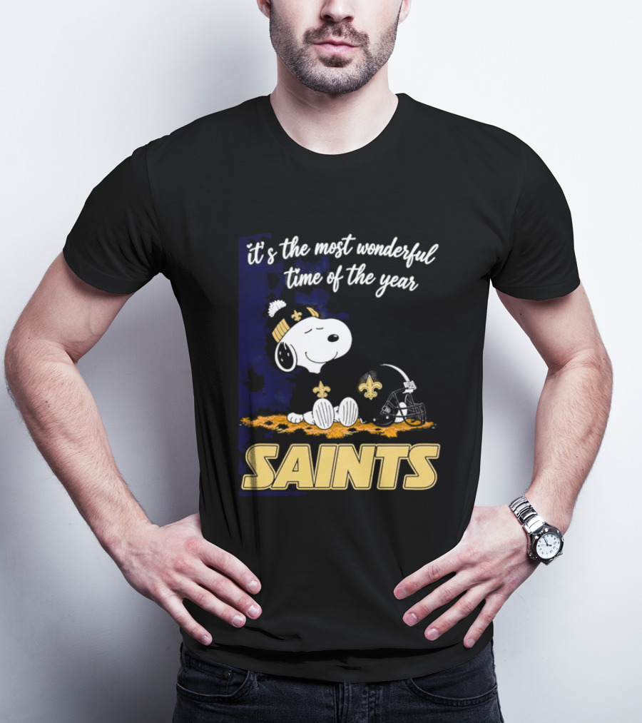 New Orleans Saints Snoopy Beanie Helmet Autumn Leaves Most Wonderful Time Of Year T-Shirt