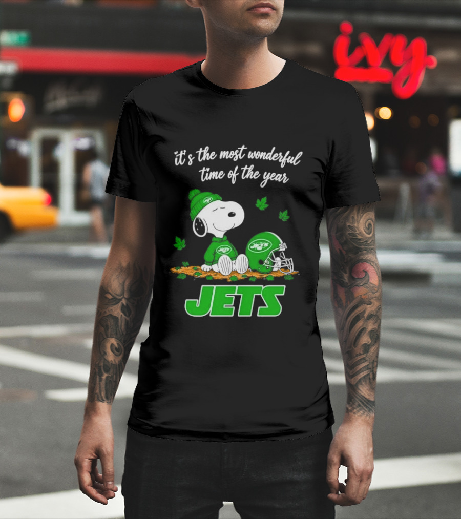 New York Jets It's The Most Wonderful Time Of Year Cartoon Dog Beanie Helmet Autumn Leaves T-Shirt
