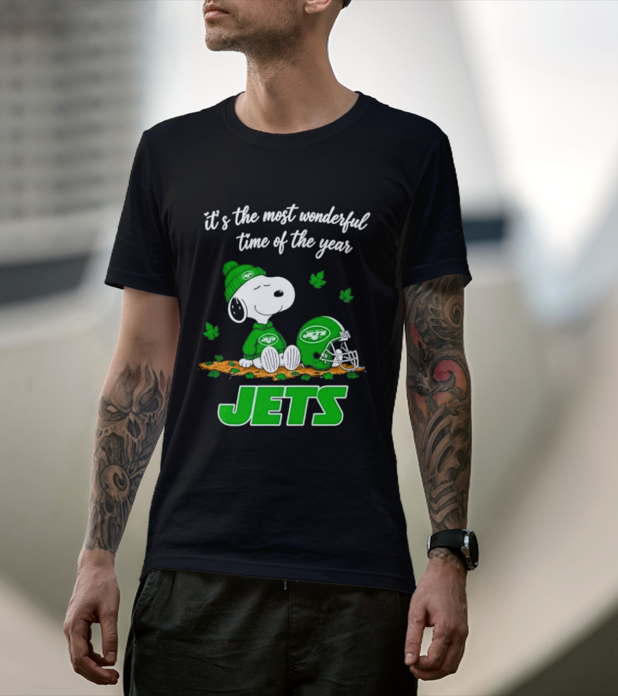 New York Jets It's The Most Wonderful Time Of Year Cartoon Dog Beanie Helmet Autumn Leaves T-Shirt