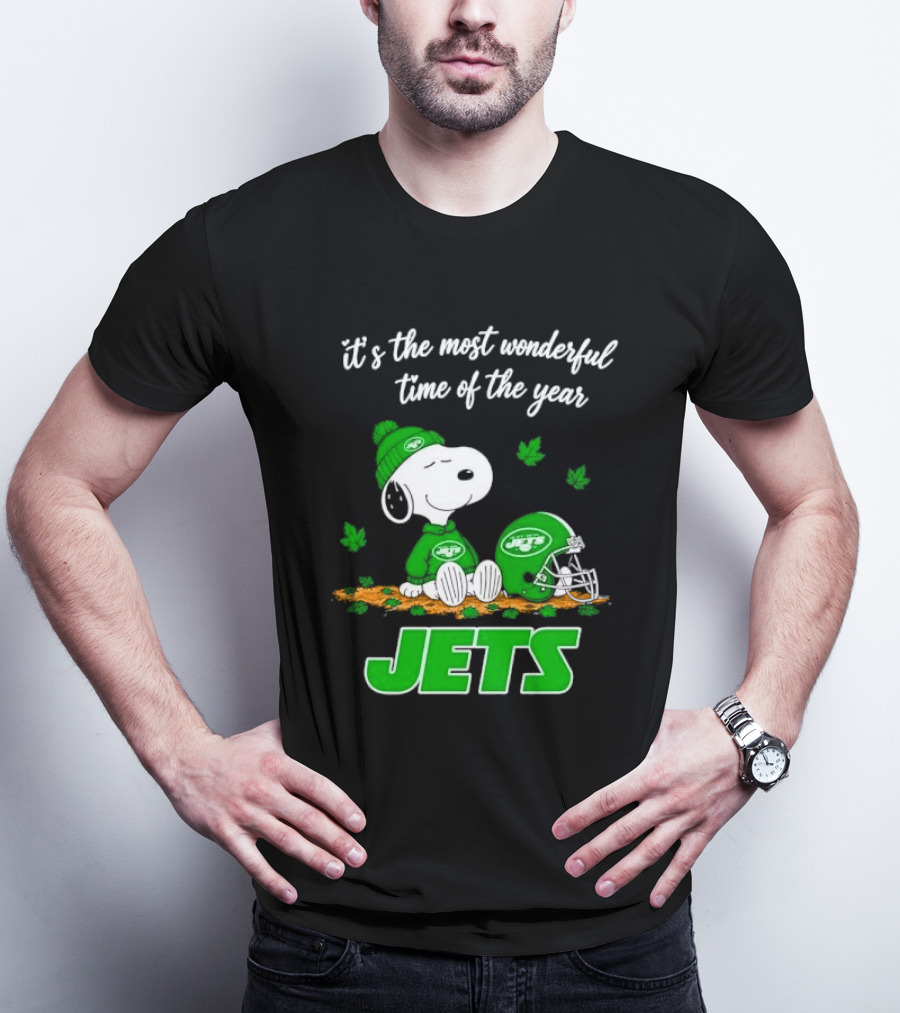 New York Jets It's The Most Wonderful Time Of Year Cartoon Dog Beanie Helmet Autumn Leaves T-Shirt