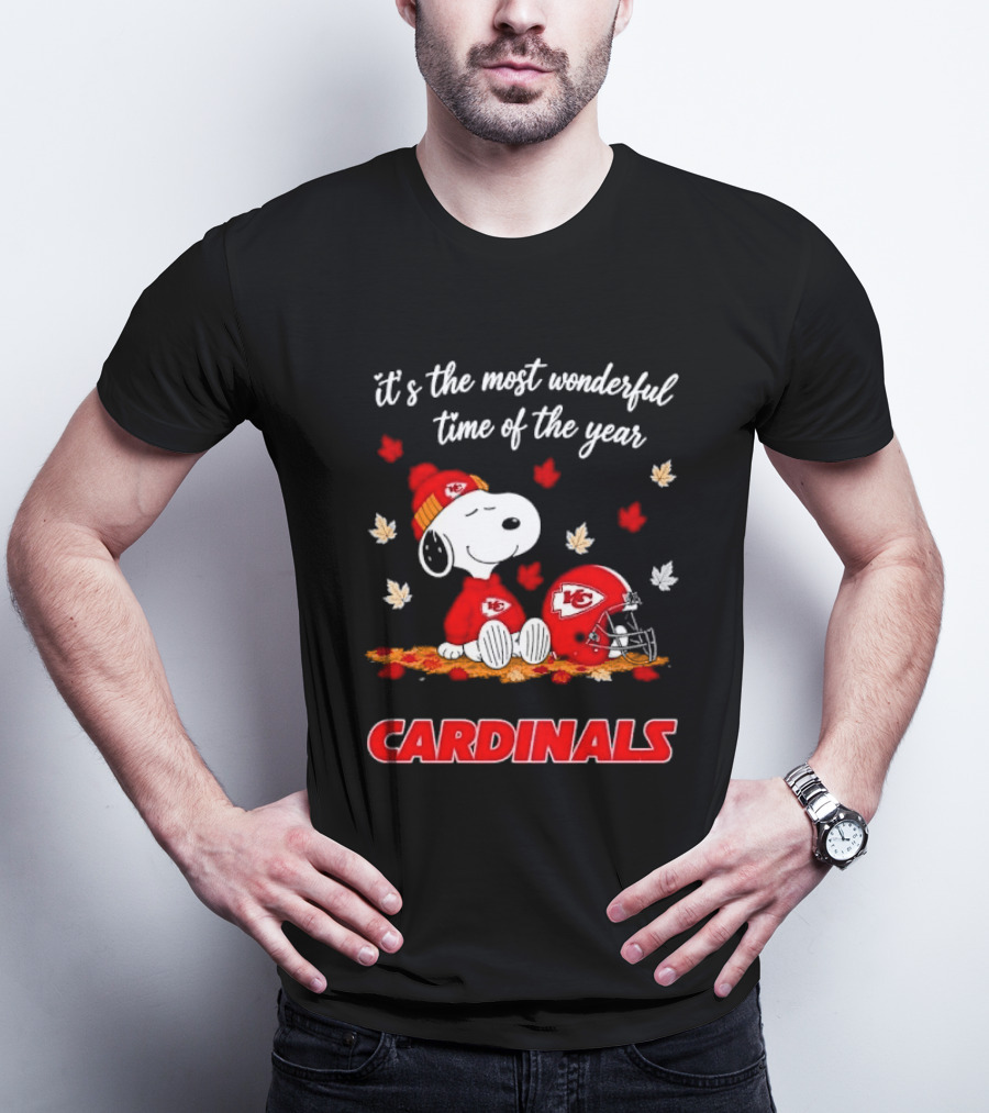 Kansas City Chiefs Snoopy Cardinals Autumn Leaves Helmet Wonderful Time Of Year T-Shirt