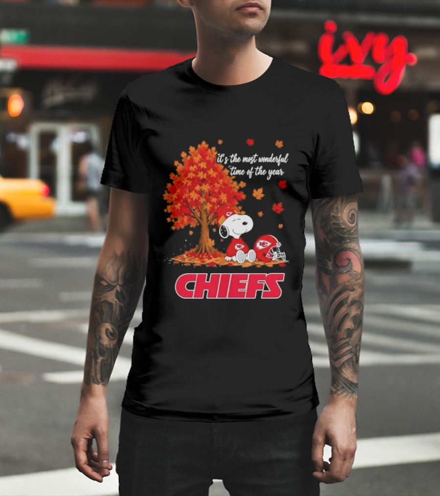 Kansas City Chiefs Snoopy Autumn Tree Football Helmet Most Wonderful Time Of The Year T-Shirt