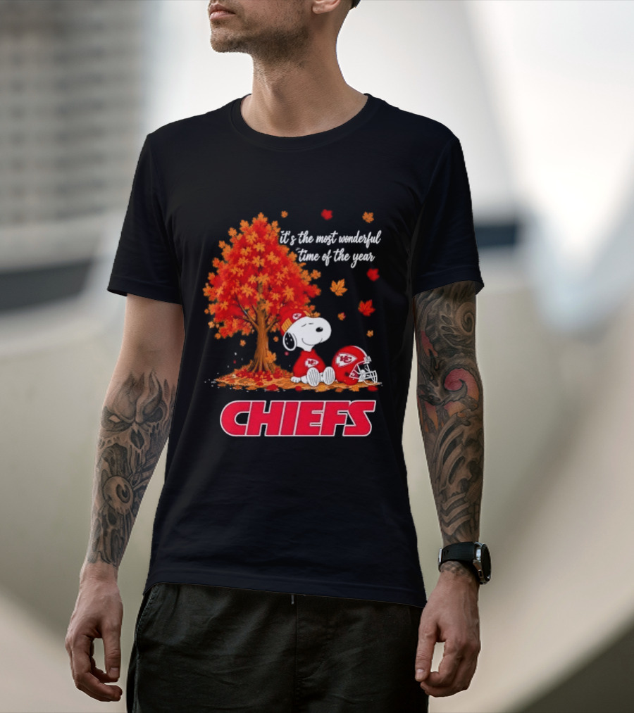 Kansas City Chiefs Snoopy Autumn Tree Football Helmet Most Wonderful Time Of The Year T-Shirt
