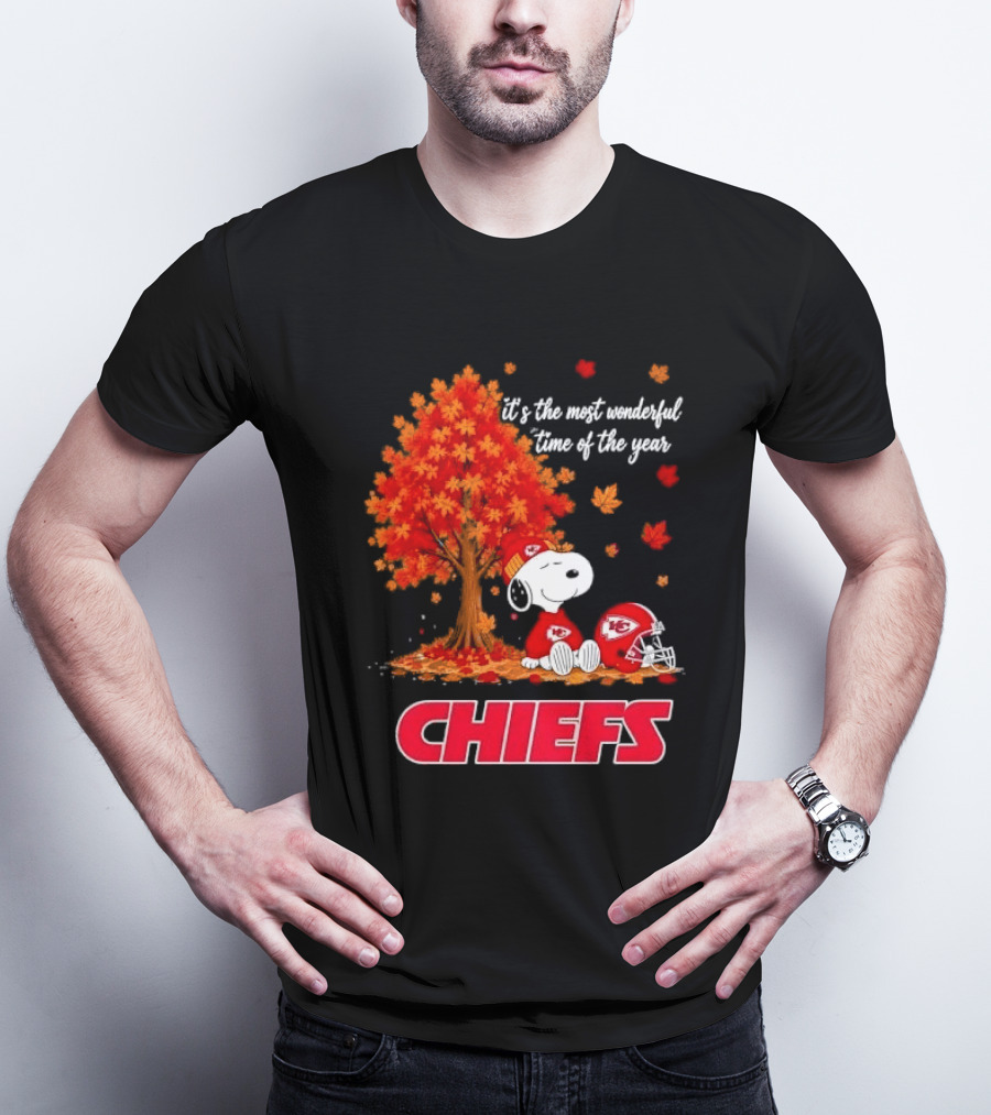 Kansas City Chiefs Snoopy Autumn Tree Football Helmet Most Wonderful Time Of The Year T-Shirt