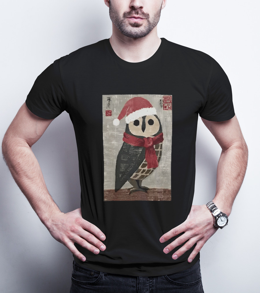 Owl With Red Santa Hat And Scarf Japanese Calligraphy T-Shirt