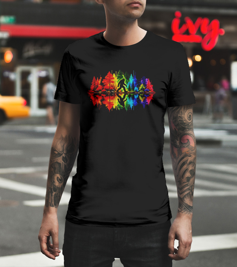 Rainbow Bigfoot Forest Reflection T-Shirt