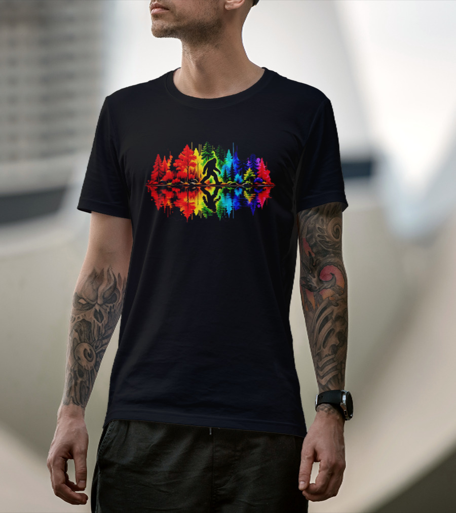 Rainbow Bigfoot Forest Reflection T-Shirt