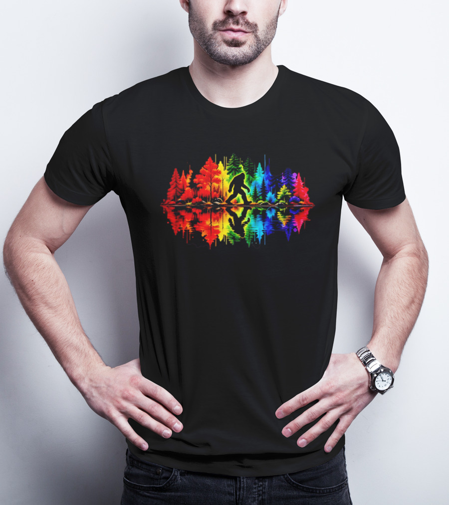 Rainbow Bigfoot Forest Reflection T-Shirt