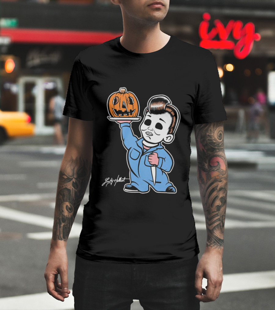 Lucky Hellcat Michael Myers Cartoon Pumpkin Knife Caricature T-Shirt